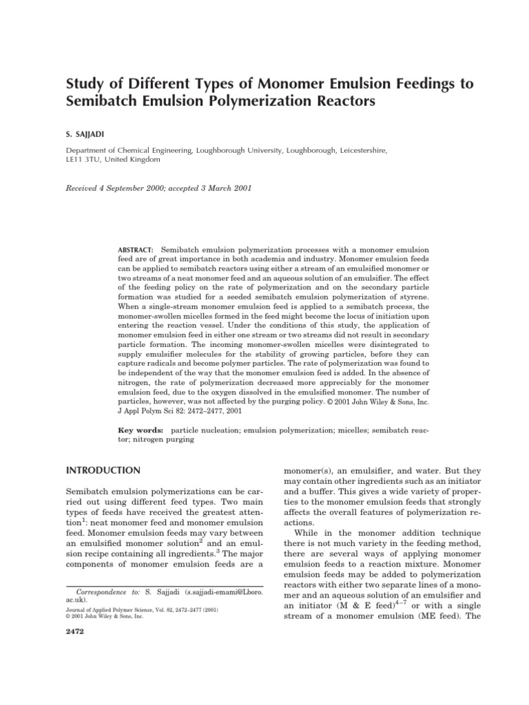 Study of Different Types of Monomer Emulsion Feedings To Semibatch ...
