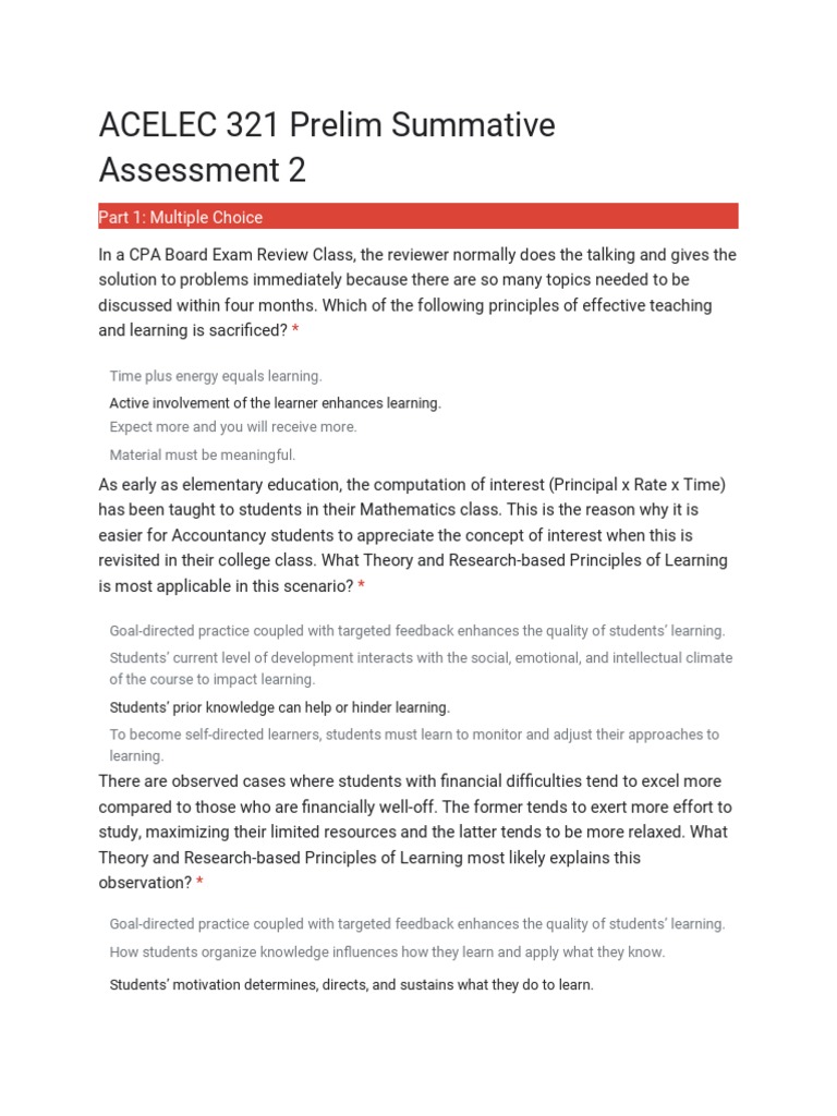 ACELEC 321 Prelim Summative Assessment 2 | PDF | Learning | Classroom
