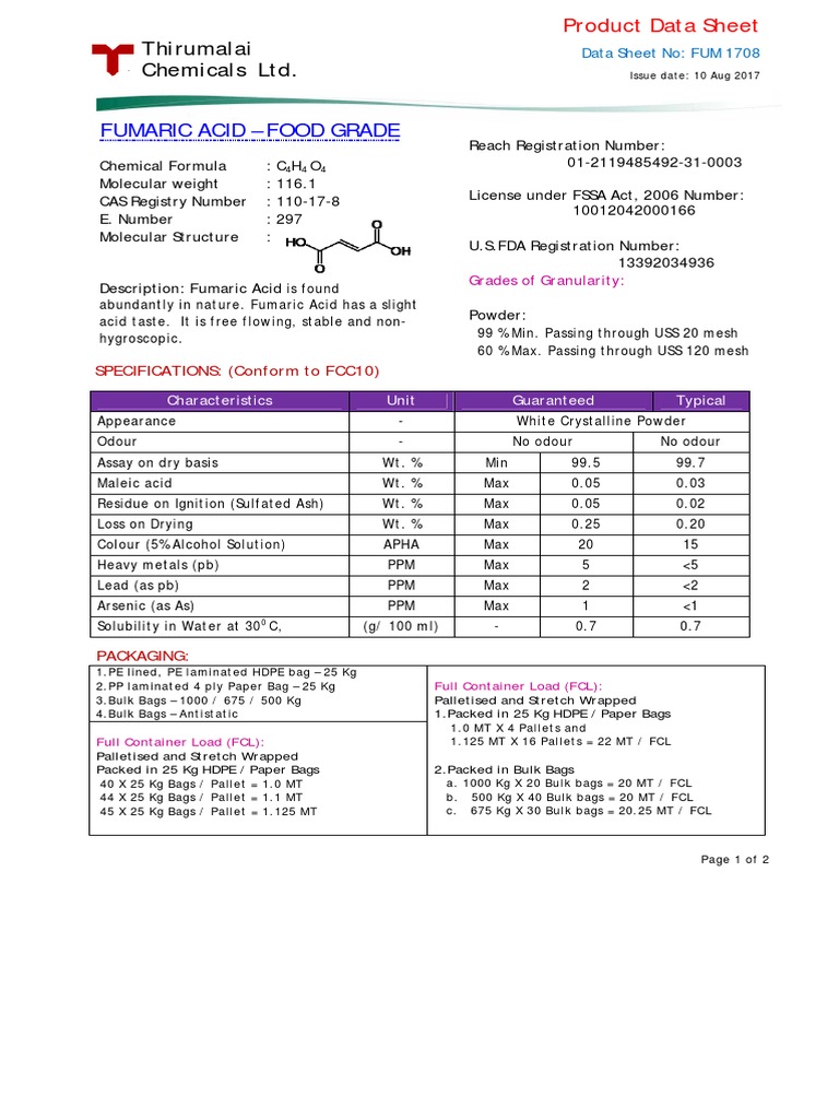 Fumaric Acid - Food Grade: Thirumalai Chemicals LTD | PDF | Pallet | Foods