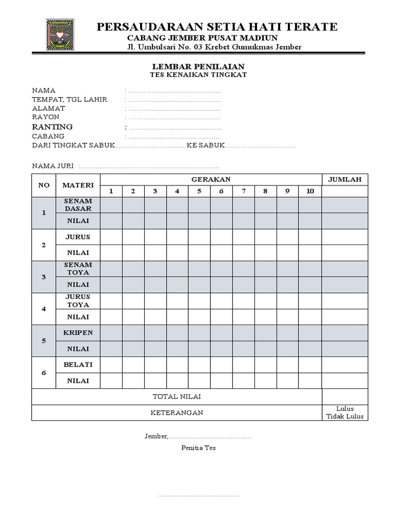 Lembar Penilaian PSHT | PDF