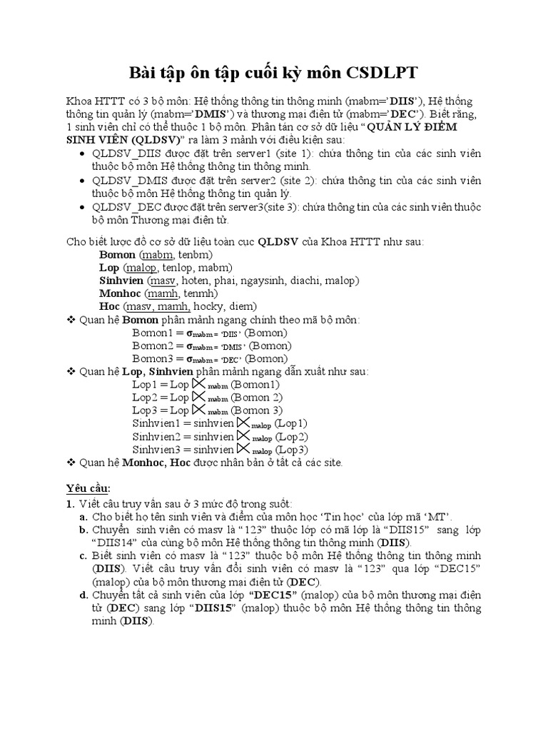 Bài tập ôn tập cuối kỳ môn CSDLPT 2020 | PDF