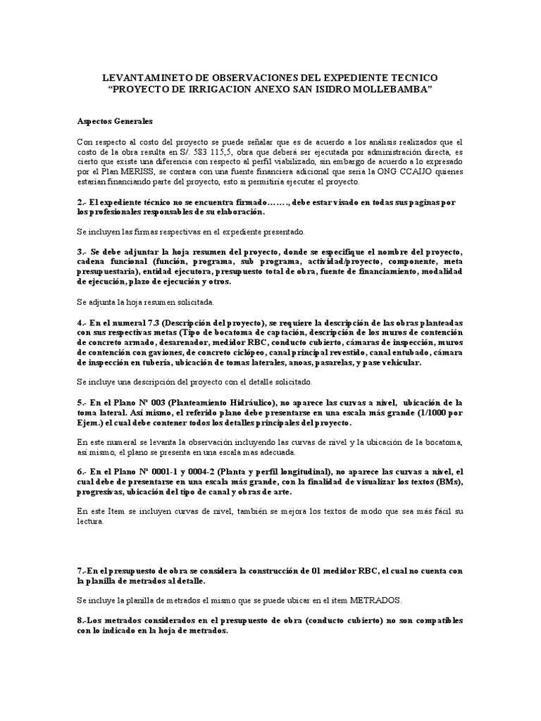 Levantamineto de Observaciones Del Expediente Tecnico | PDF | Presupuesto | Naturaleza