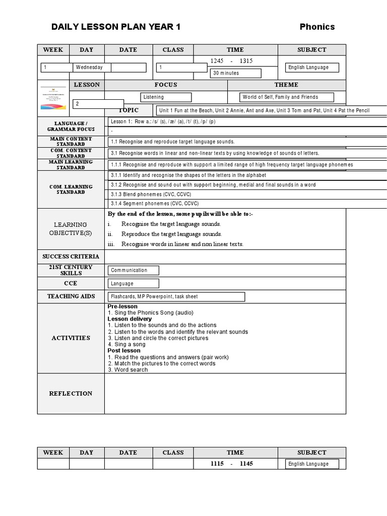 Template LP Eng Cefr Aligned Year 1 Phonics 2018 | PDF | Phonics | Word
