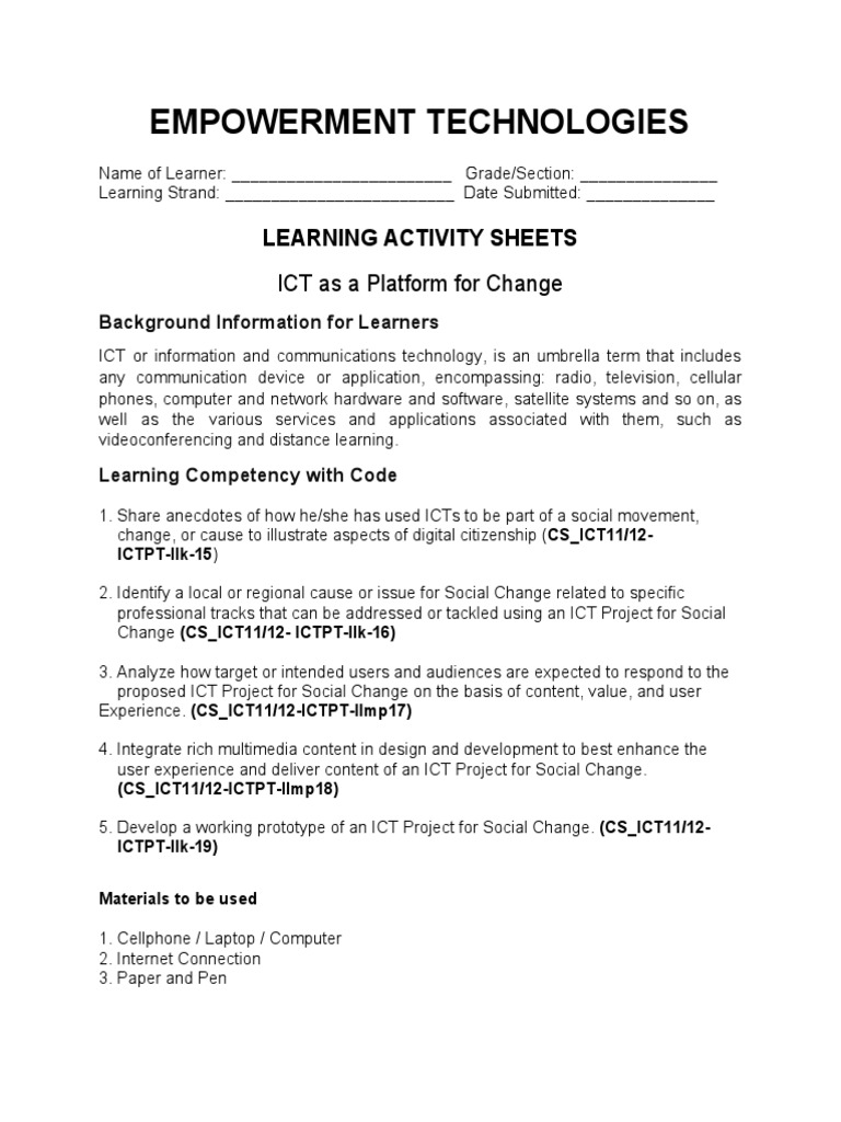 Empowerment Technologies: Learning Activity Sheets | PDF | Educational ...