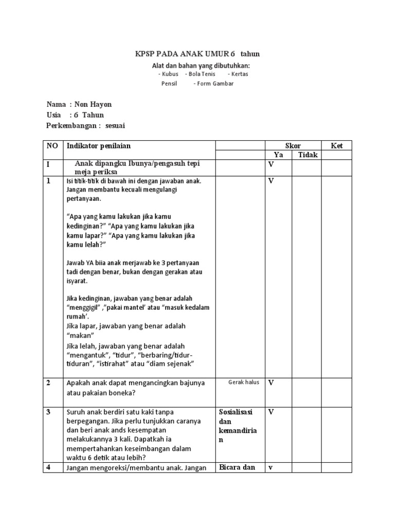 KPSP Pada Anak Umur 6 Tahun | PDF