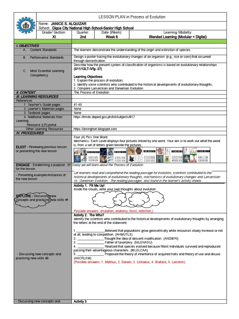 Lesson Plan For Demo Teaching | PDF | Natural Selection | Evolution