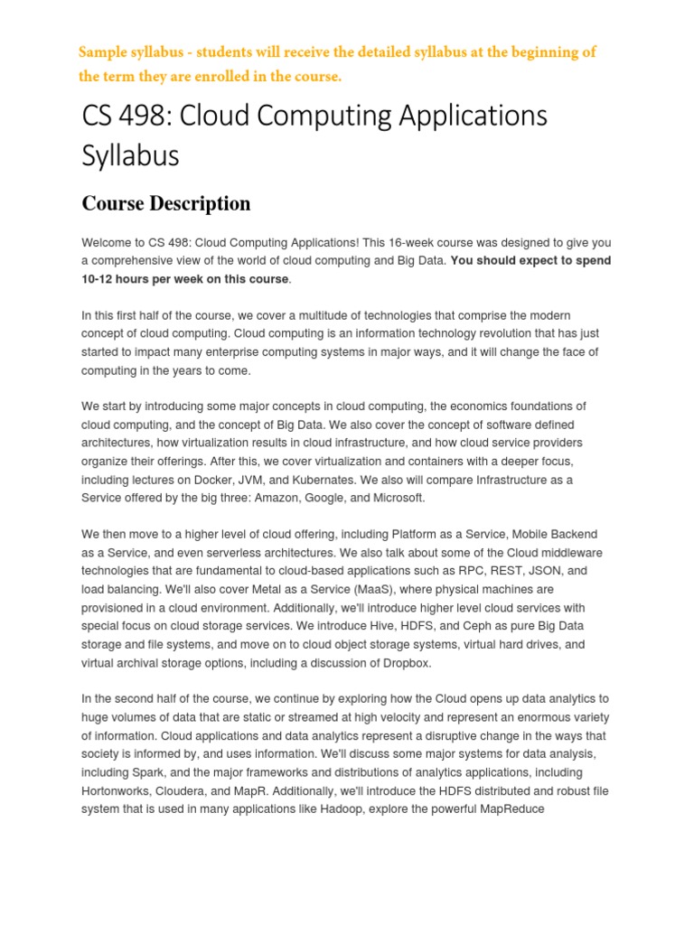CS 498: Cloud Computing Applications Syllabus: Course Description | PDF | Apache Spark | Cloud ...
