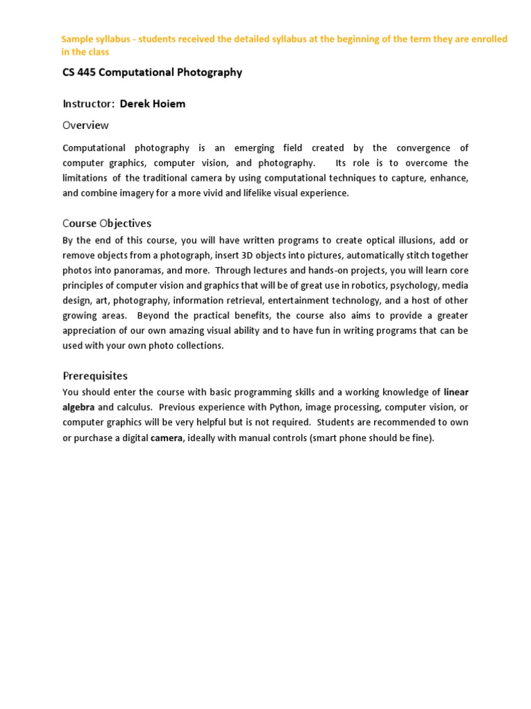CS 445 - Computational Photography Syllabus | PDF | Computer Vision | Visual Perception