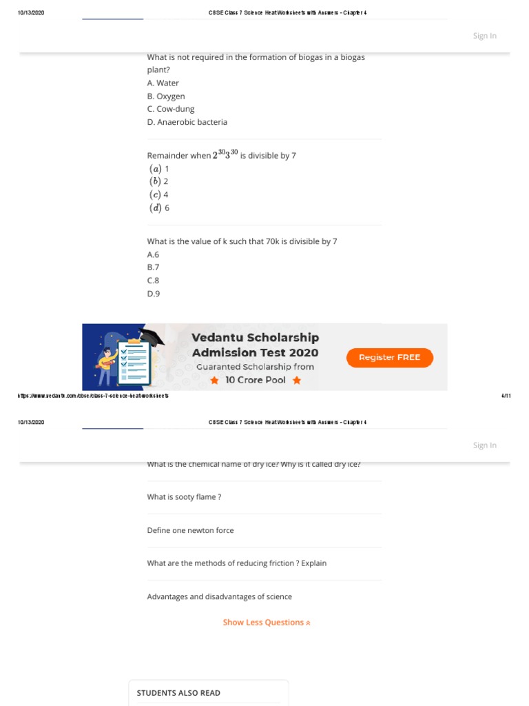 Class 7 Science Heat Worksheet Answers | PDF | Chemistry | Physical ...