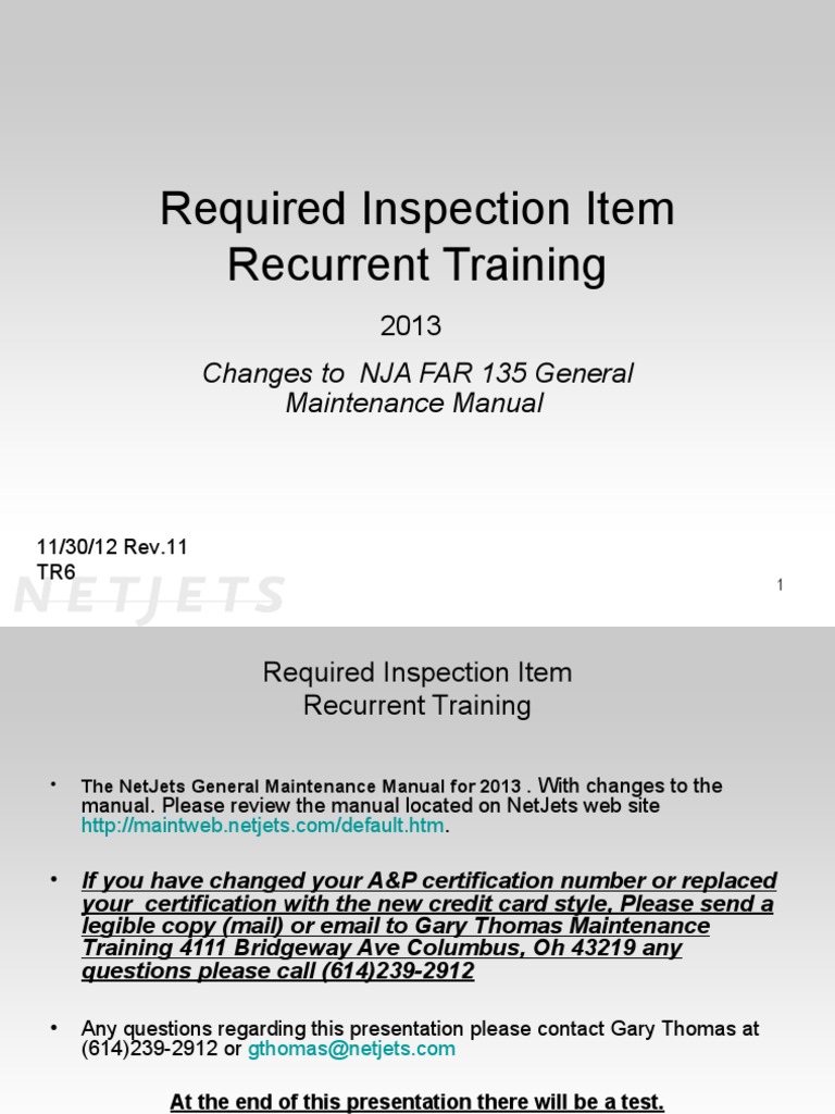 Required Inspection Item Recurrent Training: Changes To NJA FAR 135 ...