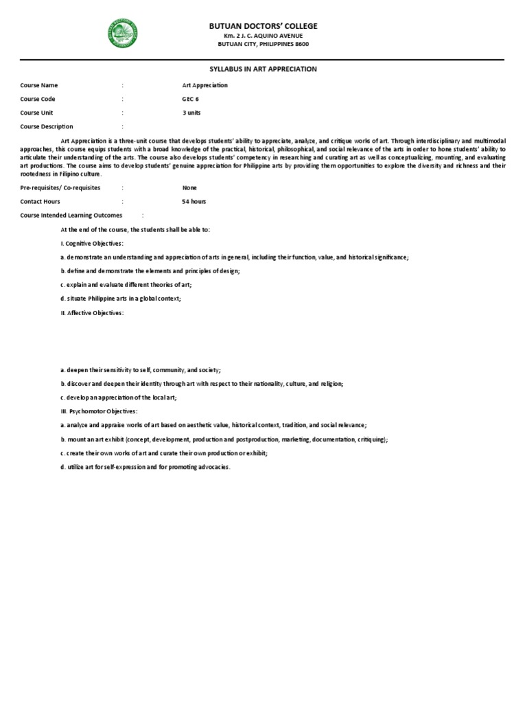 Art Appreciation Syllabus Overview | PDF | Aesthetics | Paintings