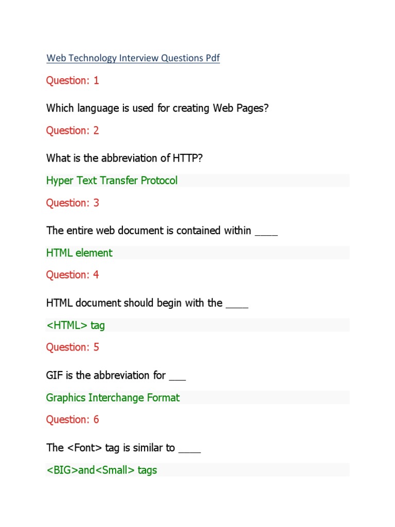 Web Technology Interview Questions PDF: Which Language Is Used For ...