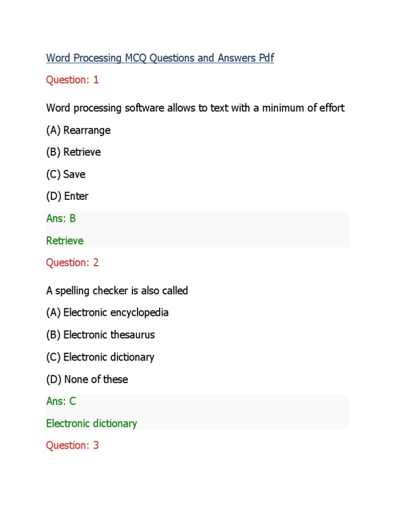 Word Processing MCQ Questions | PDF