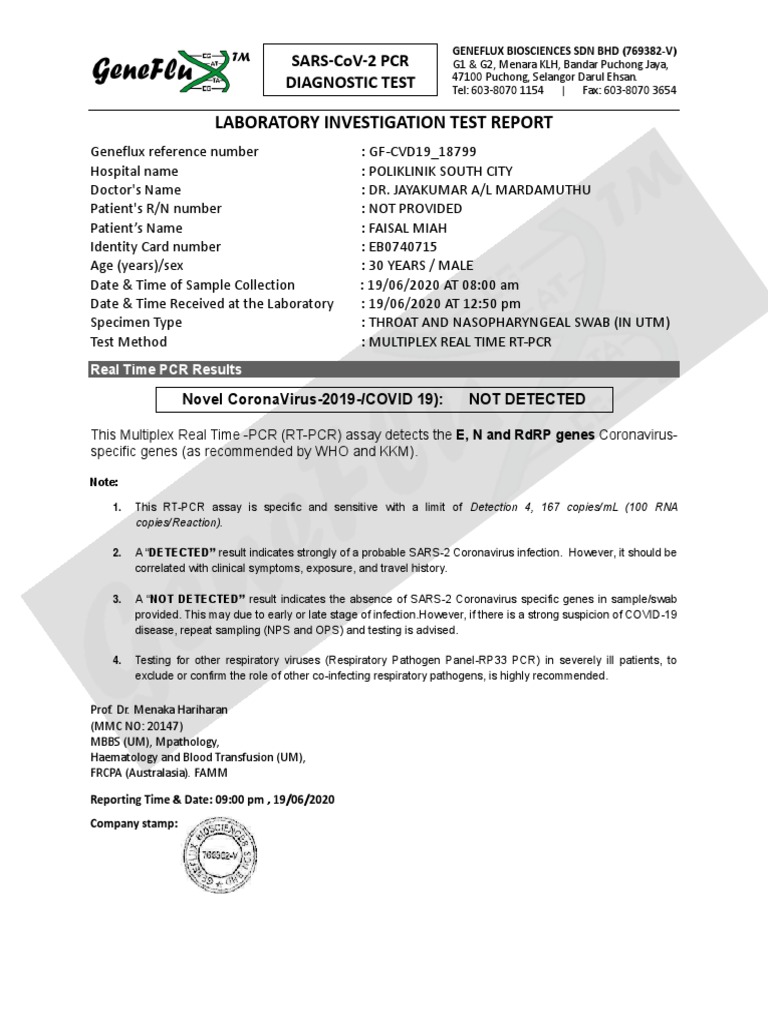 PCR Test Report for Faisal Miah | PDF | Reverse Transcription ...