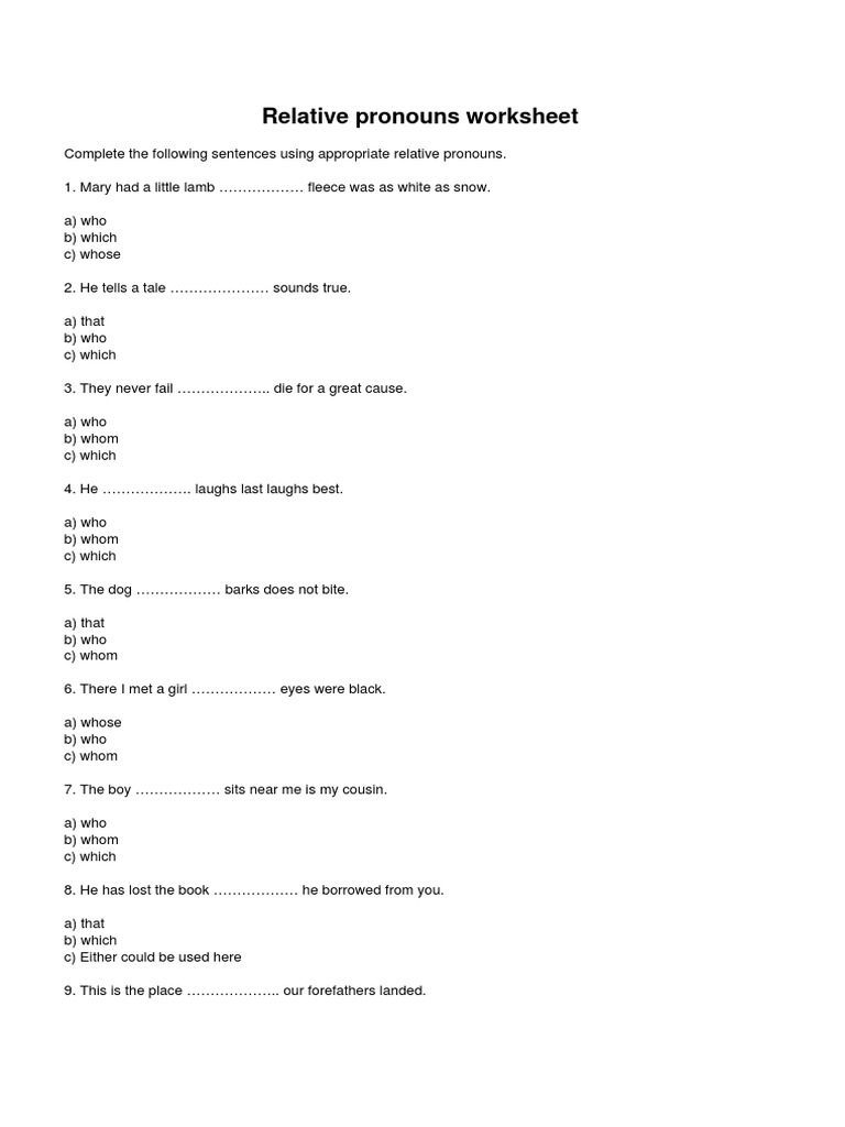 Relative Pronouns Worksheet Exercises | PDF