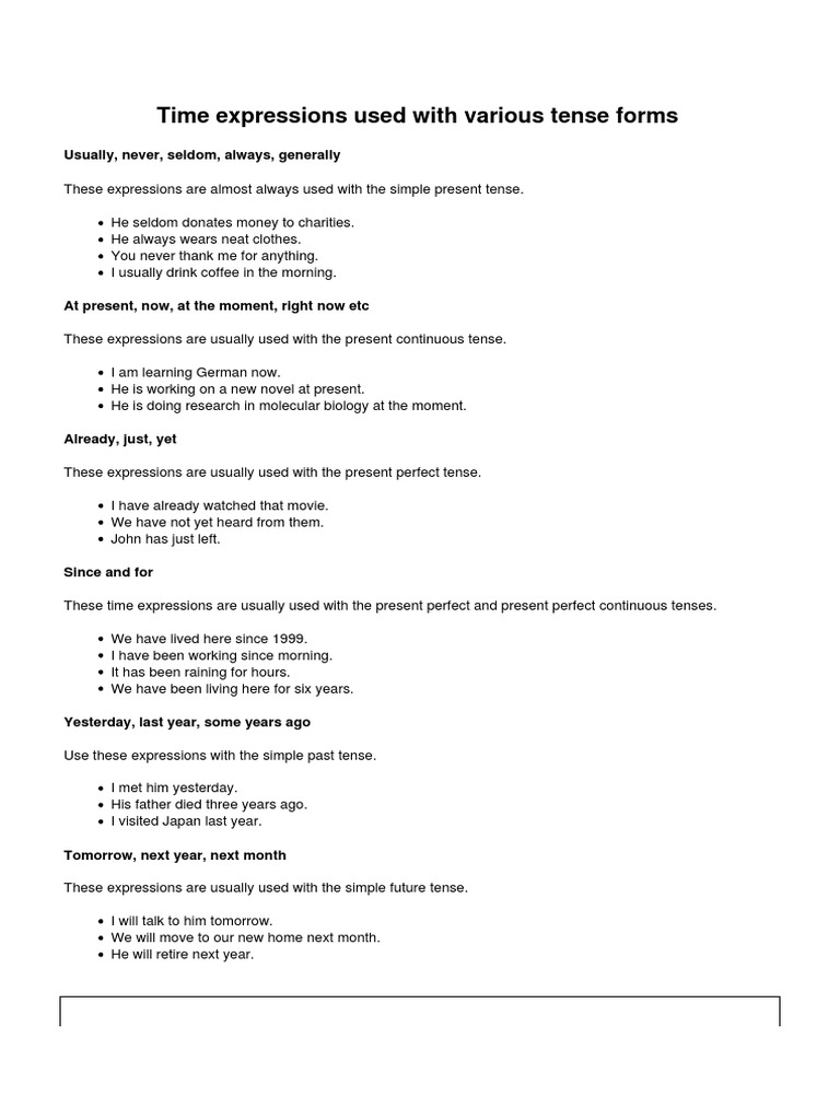 Time Expressions for English Tenses | PDF