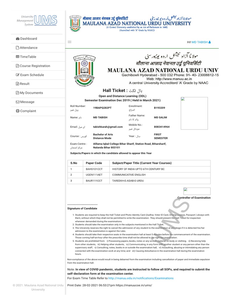 MANUU UMS - Student Dashboard | PDF | Identity Document | Government ...
