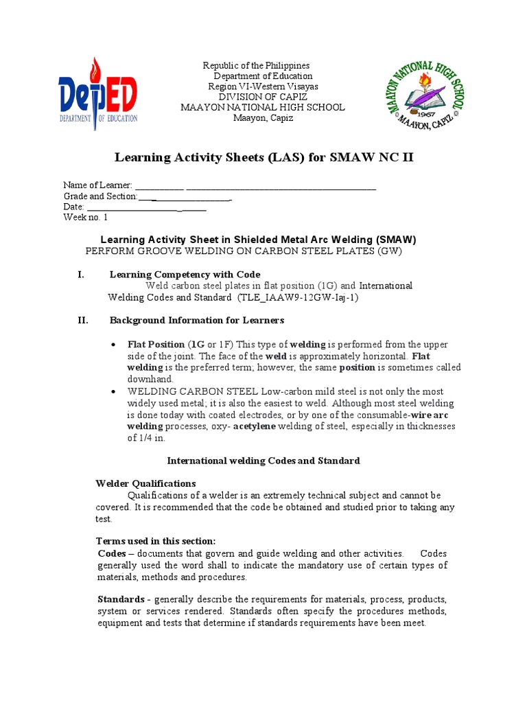 Learning Activity Sheets (LAS) For SMAW NC II: Weld Carbon Steel Plates ...