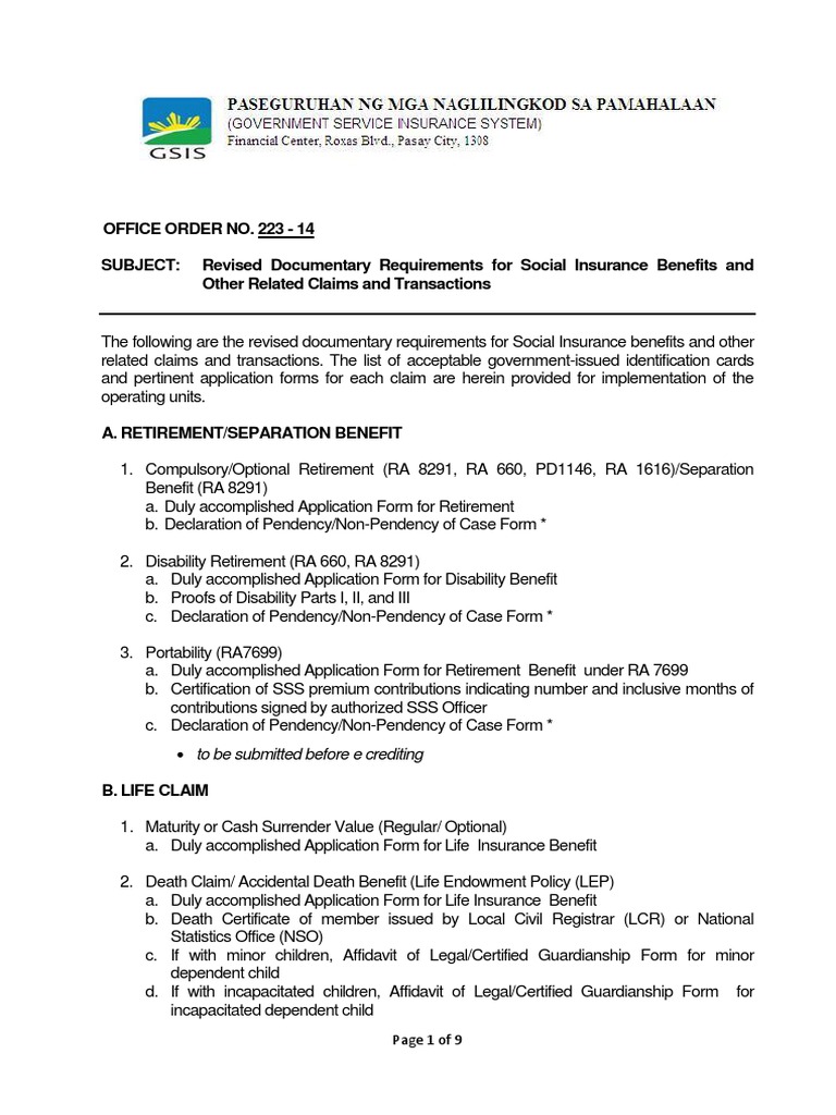 Office Order No. 223 - 14 Subject: Revised Documentary Requirements For ...