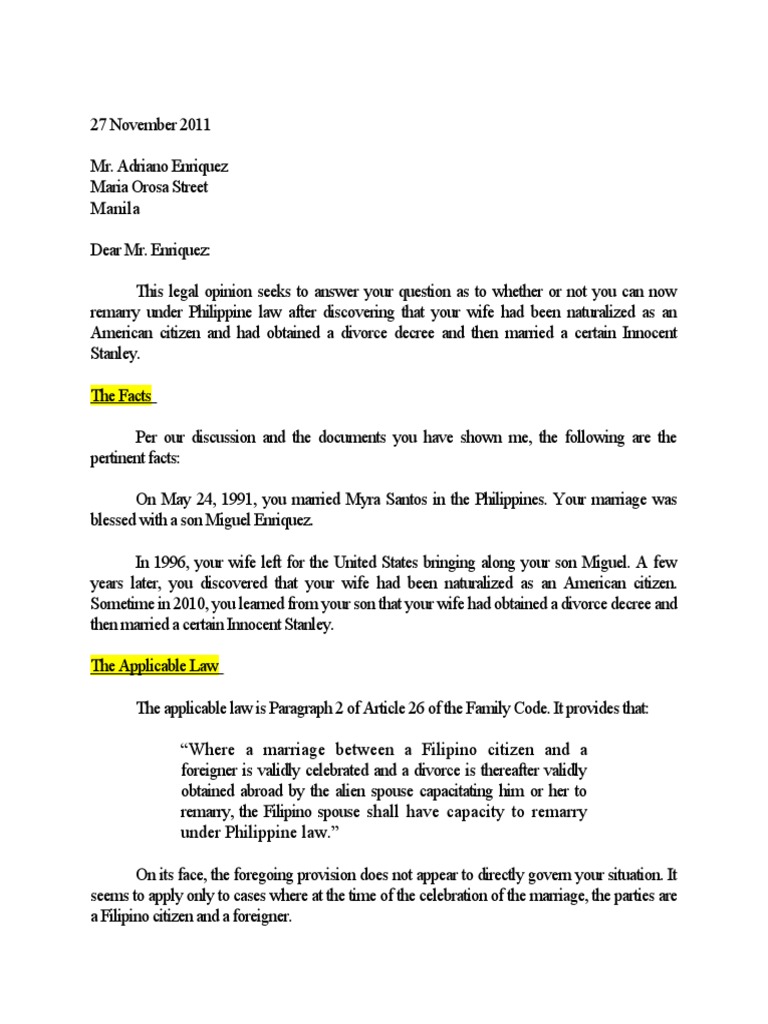 Legal Opinion Sample | PDF | Divorce | Naturalization