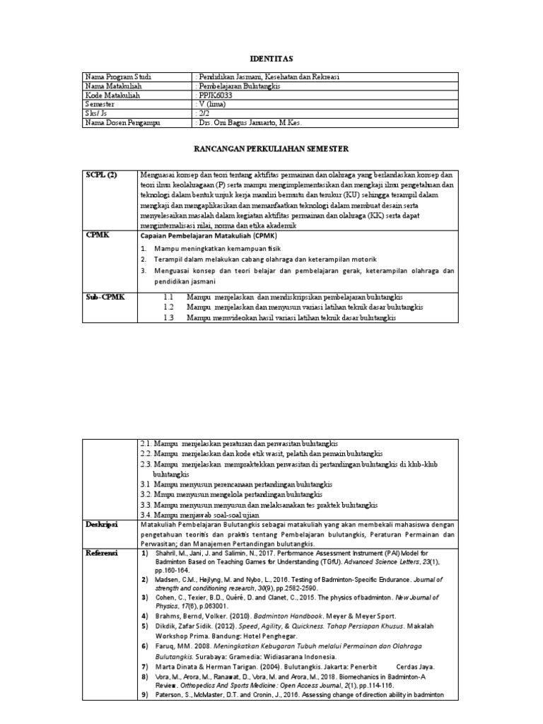 RPS-SAP Pembelajaran Bulutangkis-ONI-SIPEJAR-DARING | PDF