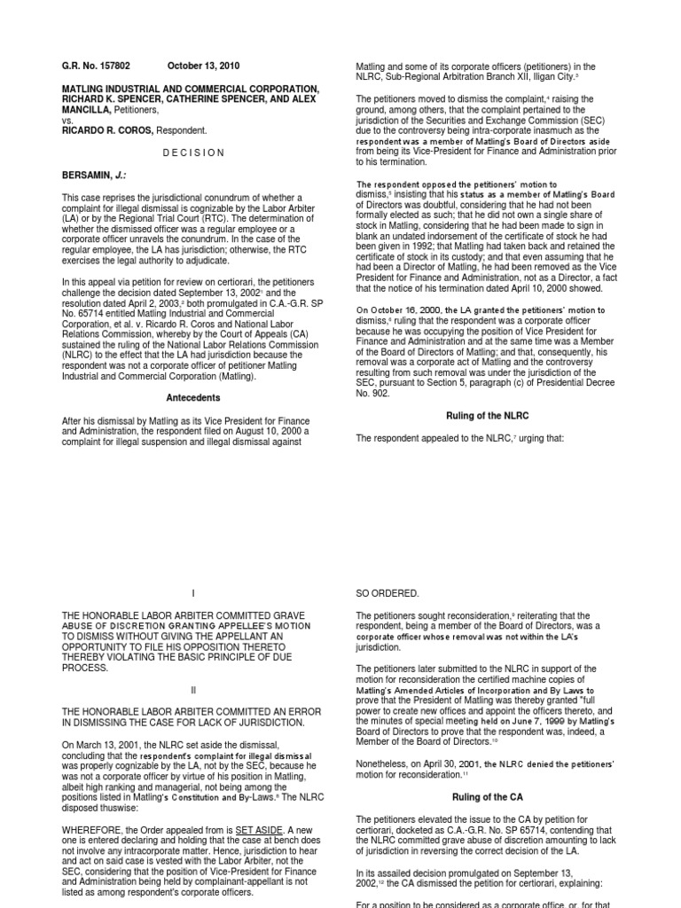 Matling V Coros | PDF | Jurisdiction | Board Of Directors