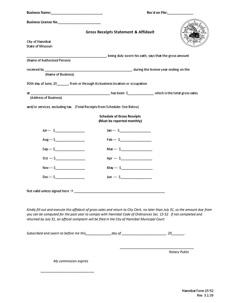 Hannibal Gross Receipts Affidavit Form | PDF | Affidavit | Civil Law ...