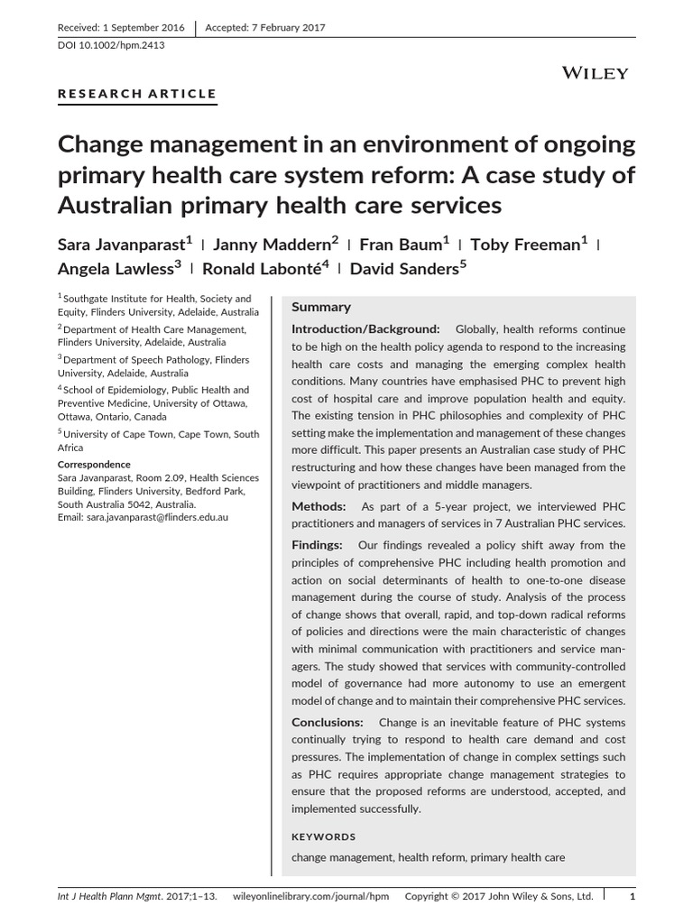 Change Management in An Environment of Ongoing Primary Health Care ...