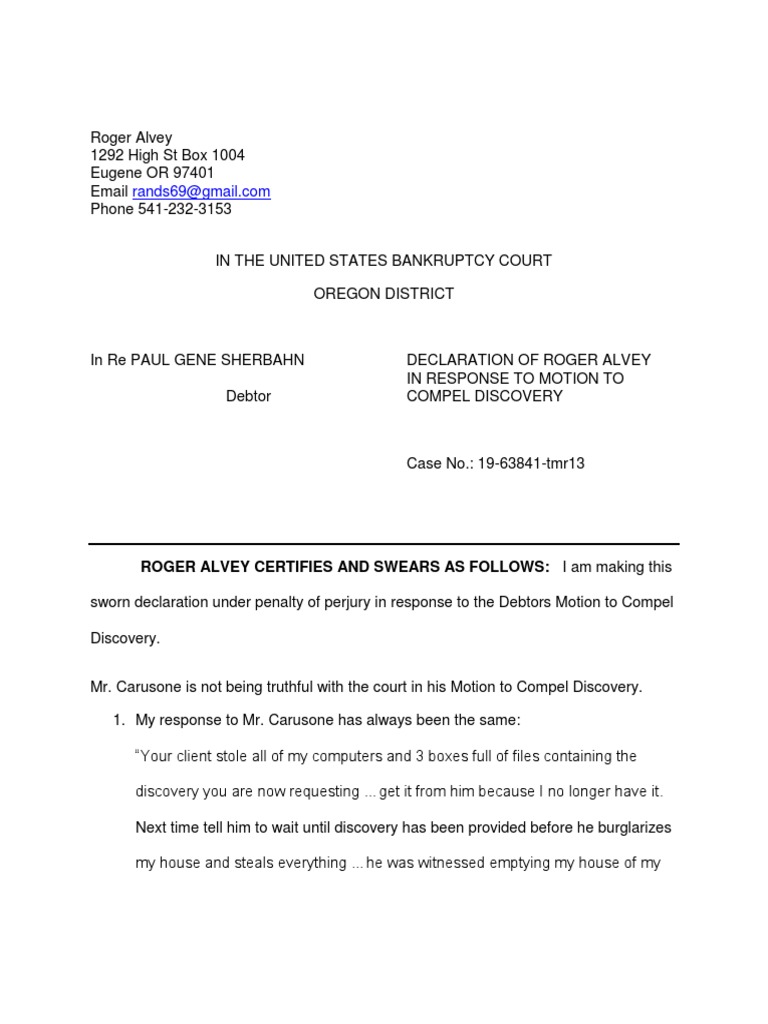 Roger Alvey Response To Motion To Compel | PDF | Discovery (Law) | Lawsuit