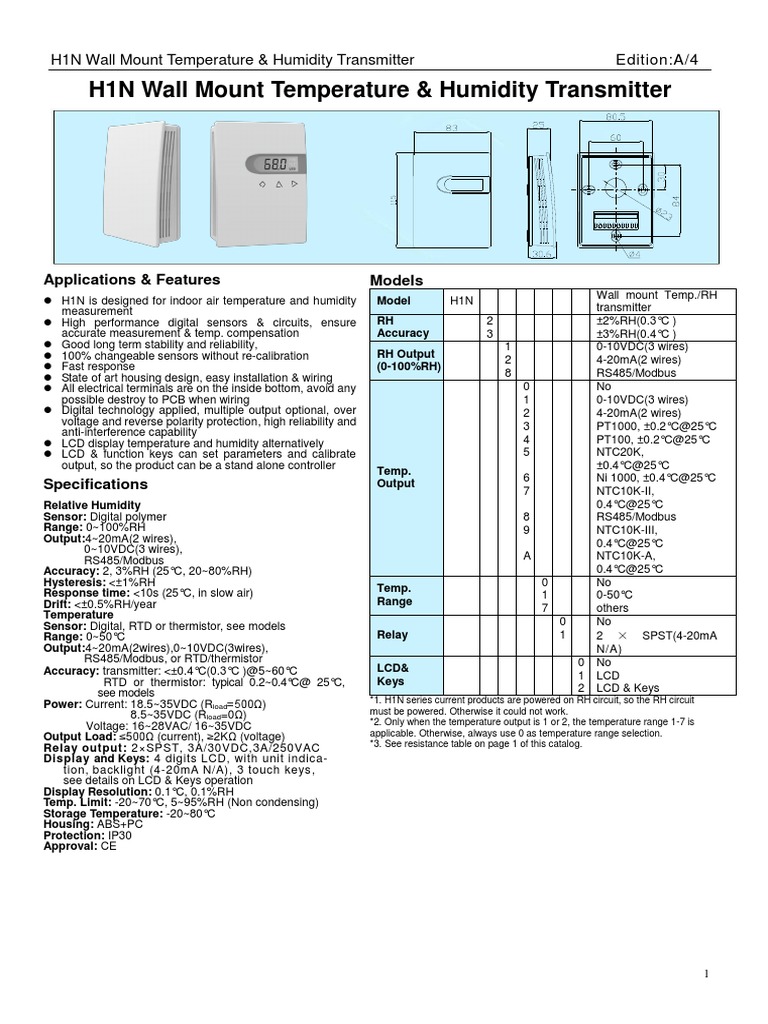 H1N Wall Mount Temperature & Humidity Transmitter | PDF ...
