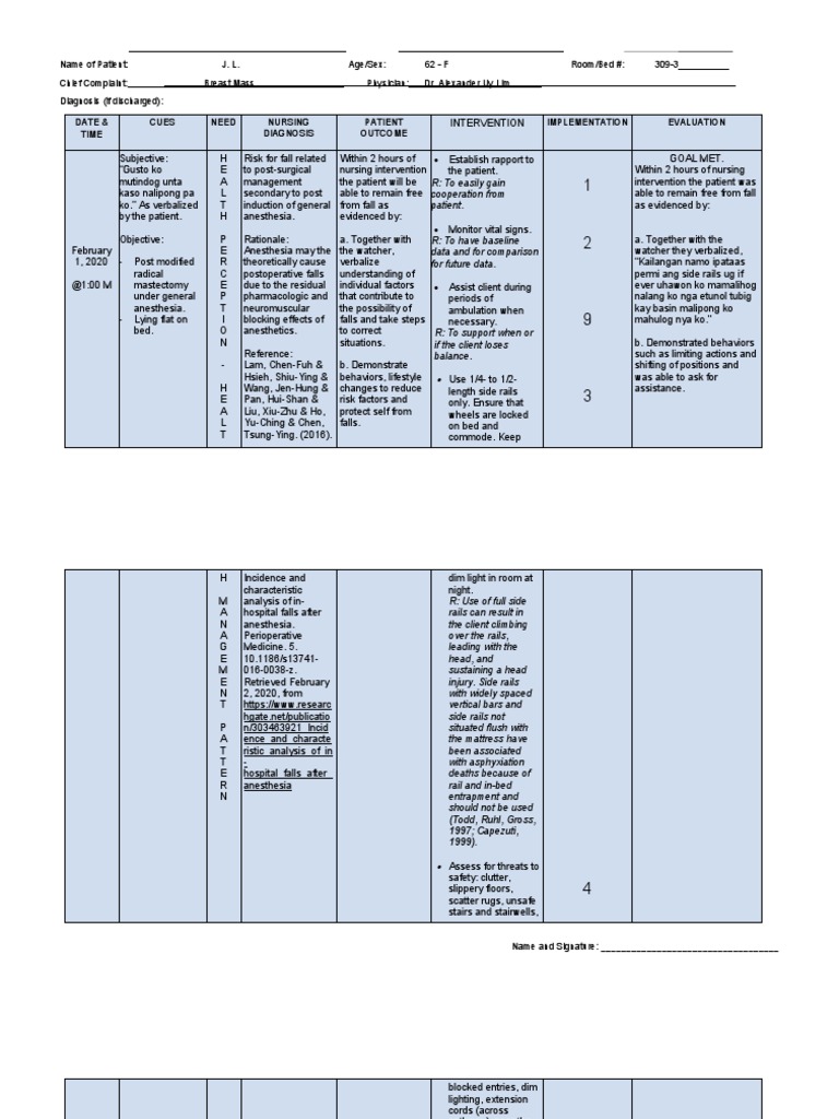 Comprehensive nursing care plan for a postoperative patient at risk for ...