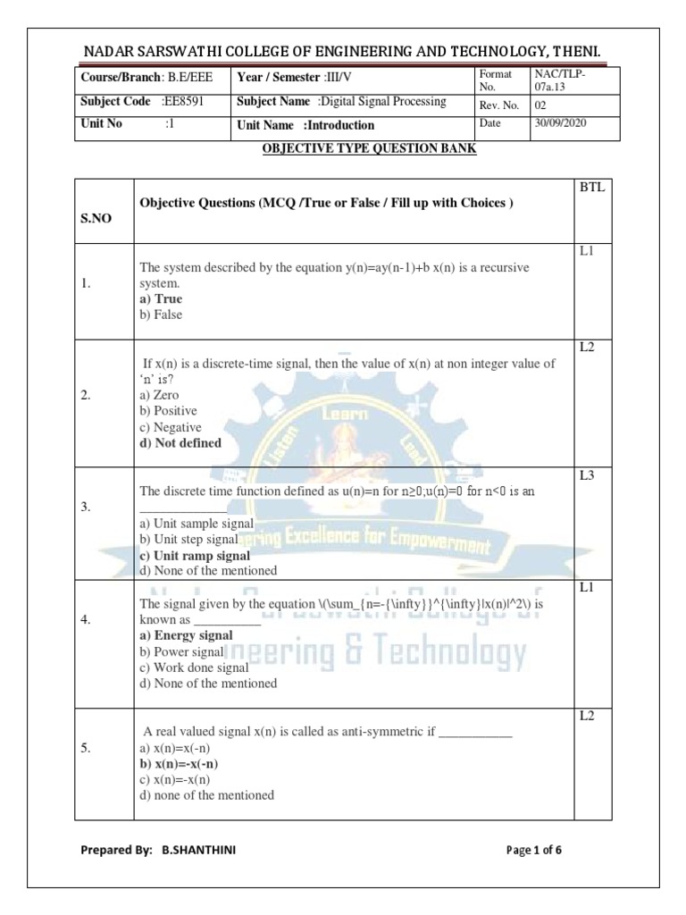 Dsp Objective Unit 1 Eee Pdf Digital Signal Processing Discrete Time And Continuous Time 
