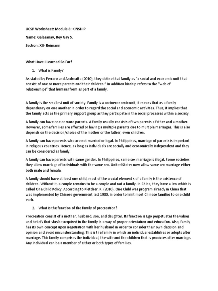 UCSP Worksheet: Module 8: KINSHIP Name: Galasanay, Rey Gay S. Section ...