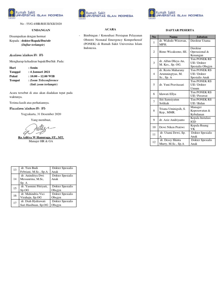 Undangan Bimnbingan Persiapan Pelayanan PONEK Di RS UII | PDF