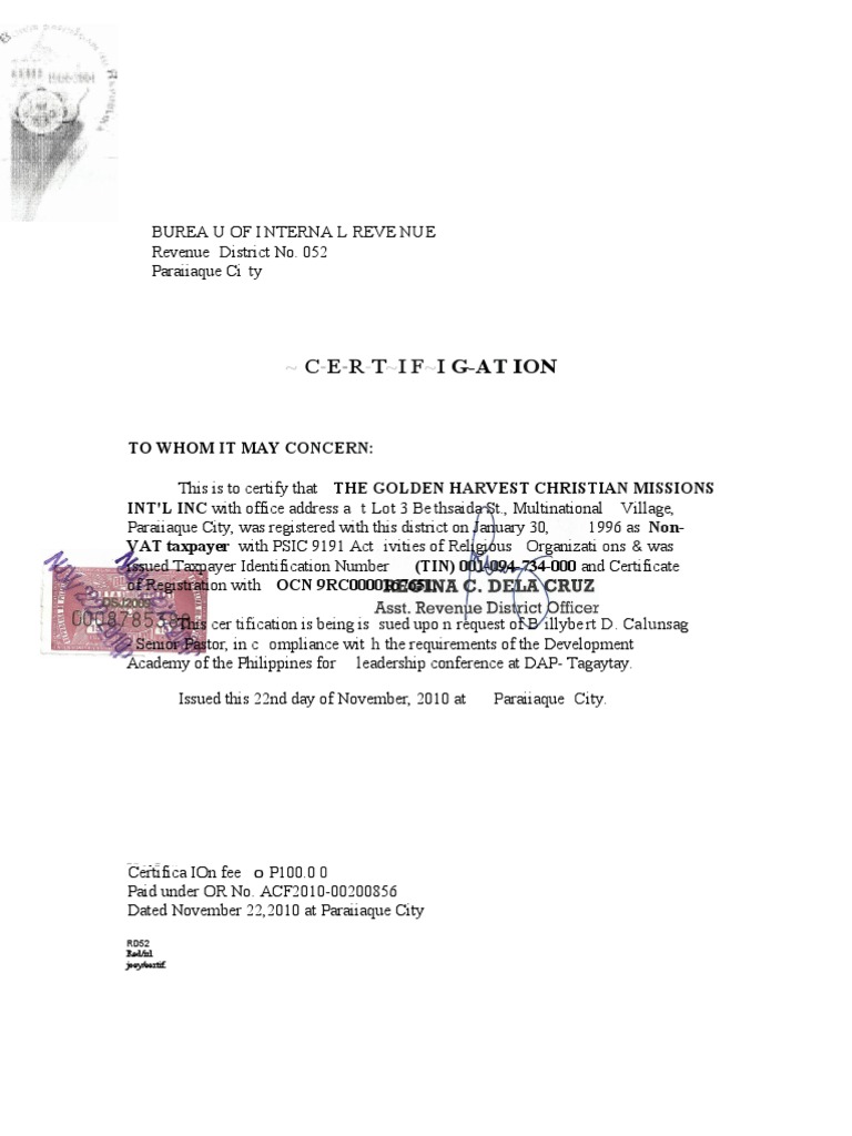 BIR Certification of VAT Exemption | PDF