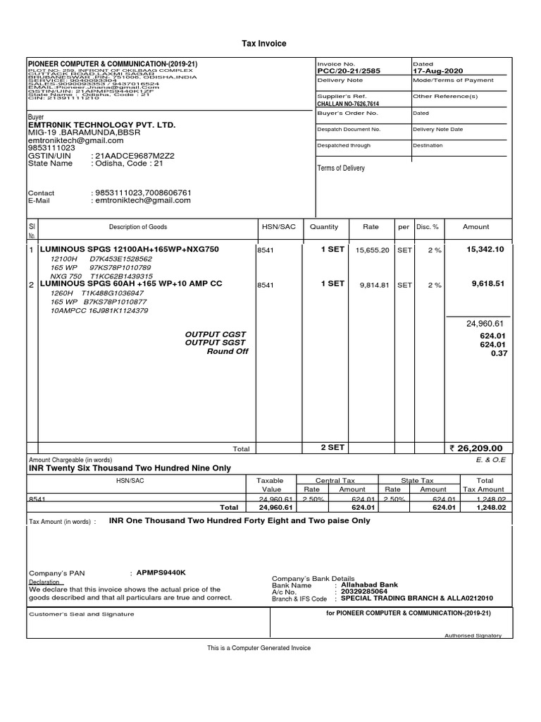 Tax Invoice: Pioneer Computer & Communication - (2019-21) | PDF ...