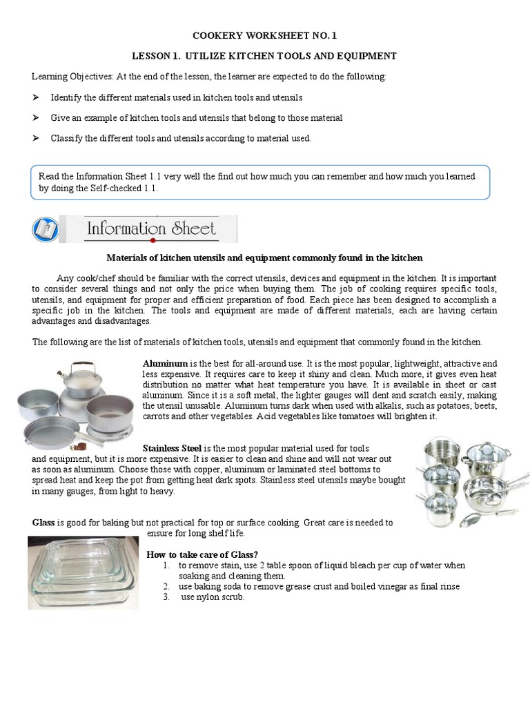 Cookery Worksheet No.1 | PDF | Kitchen Utensil | Cookware And Bakeware
