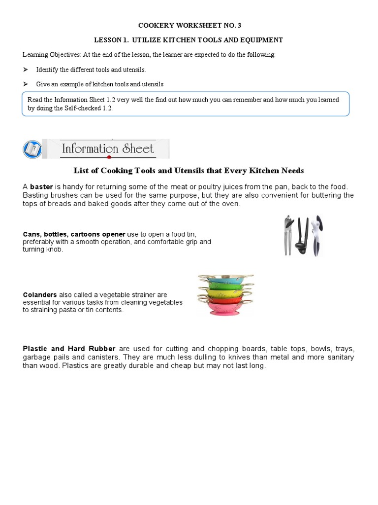 Cookery Worksheet No.3 | PDF | Kitchen Utensil | Spoon