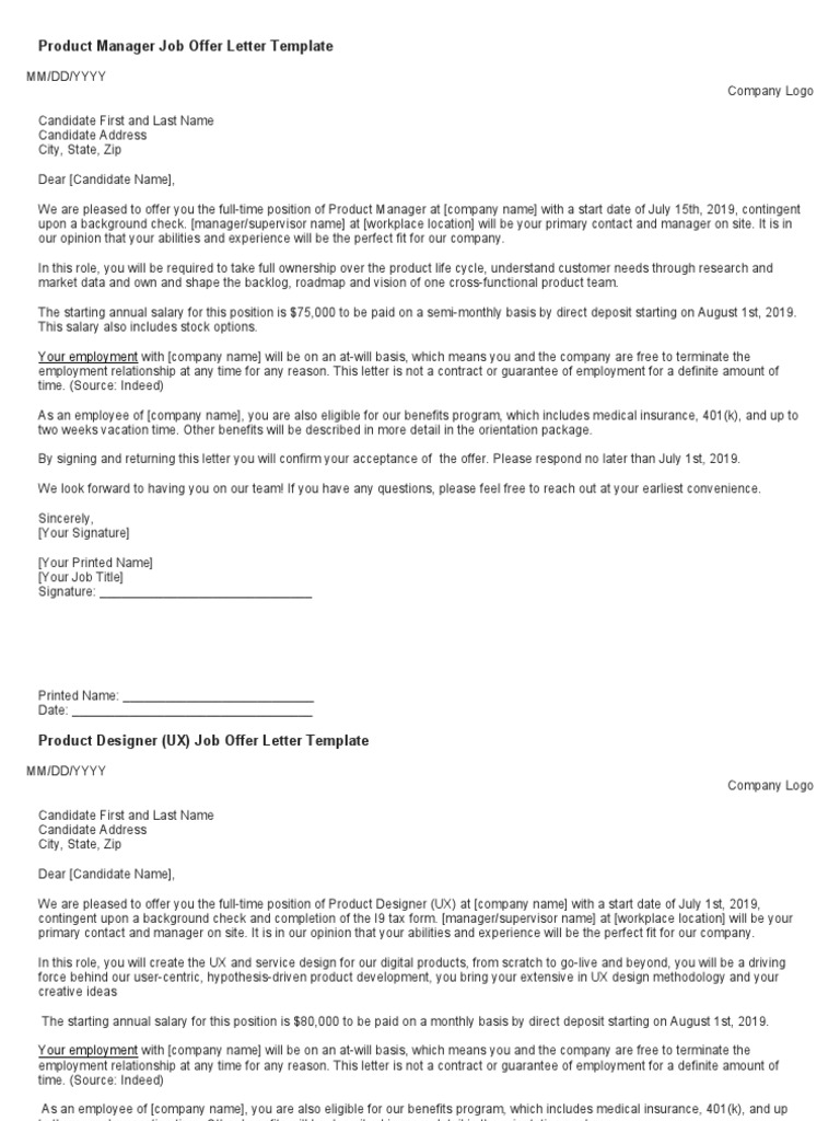 Job Offer Letter Template | PDF | At Will Employment | Background Check