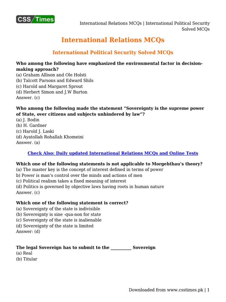 International Relations MCQs on Sovereignty | PDF | Sovereignty | Policy