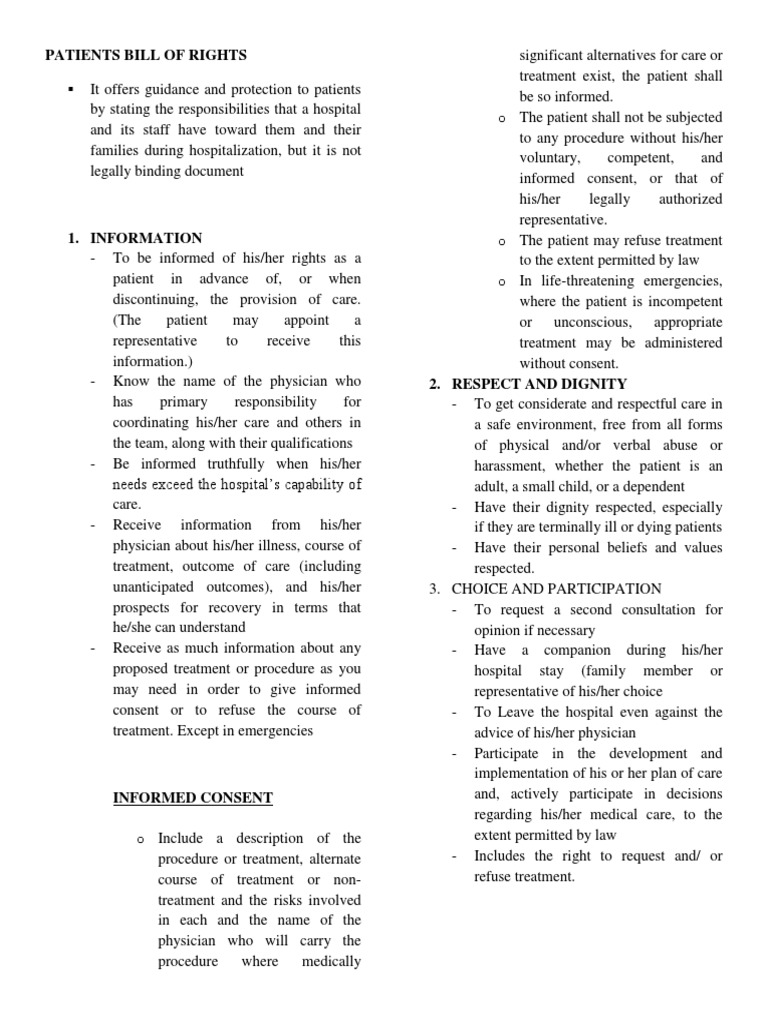 Patients Bill of Rights Reviewer | PDF | Informed Consent | Medical Record