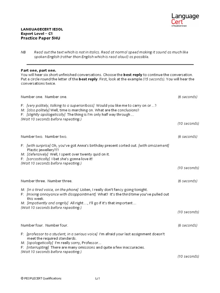 Practice Paper 5HU: Languagecert Iesol Expert Level - C1 | PDF ...