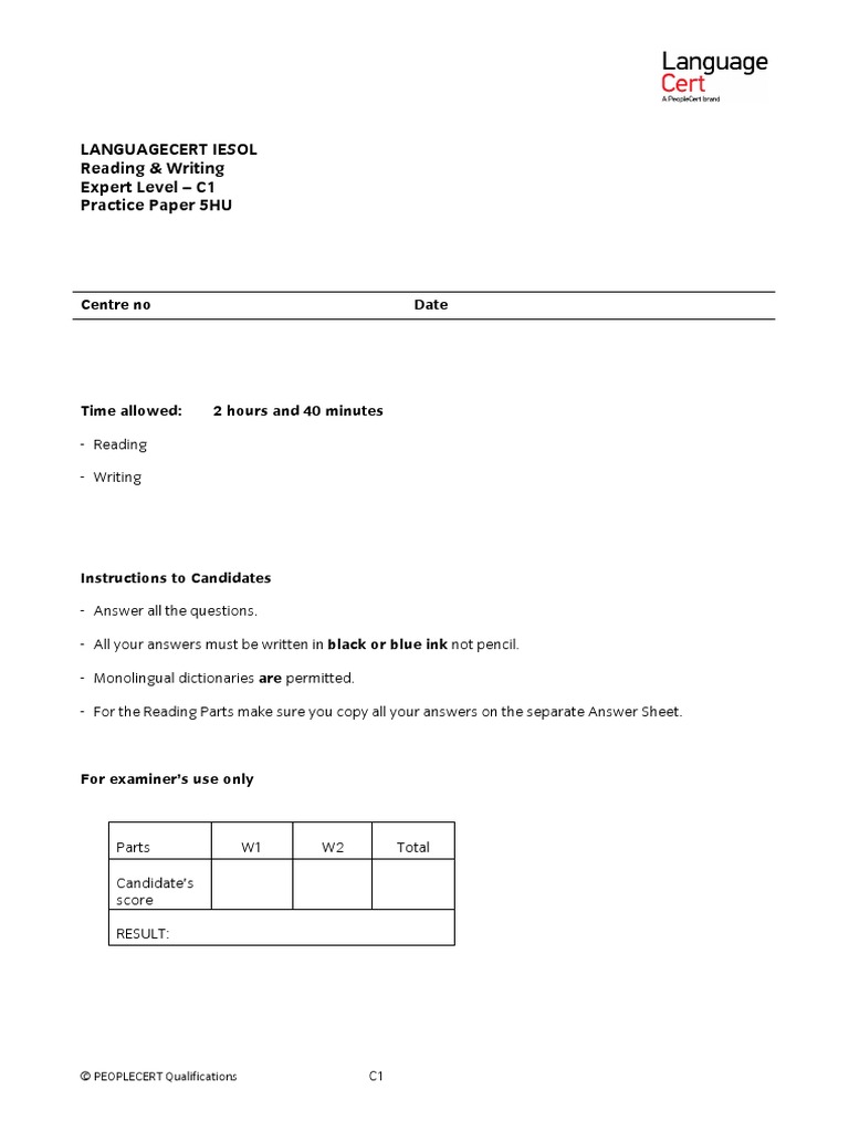 Languagecert Iesol Reading & Writing Expert Level - C1 Practice Paper ...