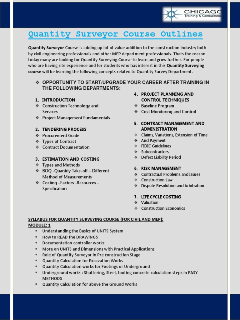 Quantity Surveyor Course Outlines | PDF | Surveying | Engineering