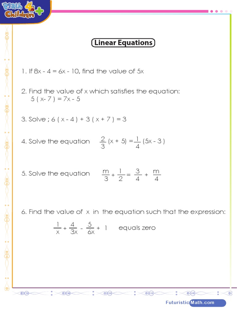Linear Equations Worksheet | PDF