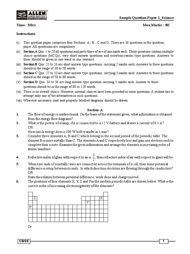 Sample Question Paper 1 - Science | PDF | Cellular Respiration ...