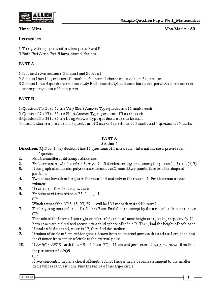 Class X Mathematics Sample Paper | PDF | Triangle | Circle