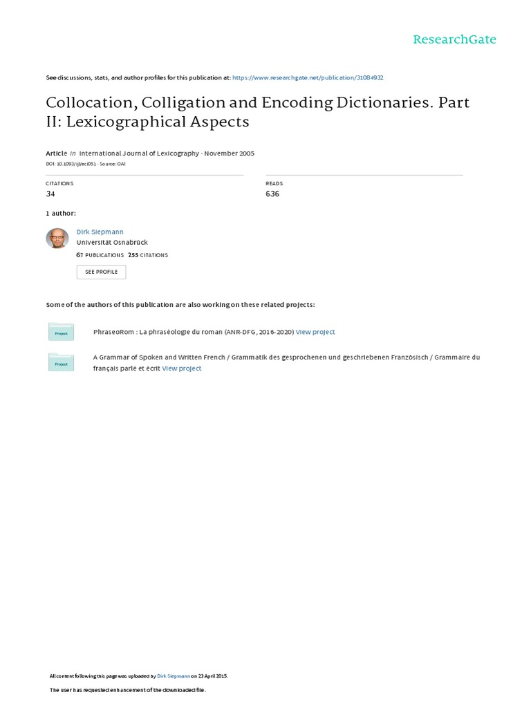 Dirk Siepmann COLLOCATION, COLLIGATION AND | PDF | Lexicon | Vocabulary