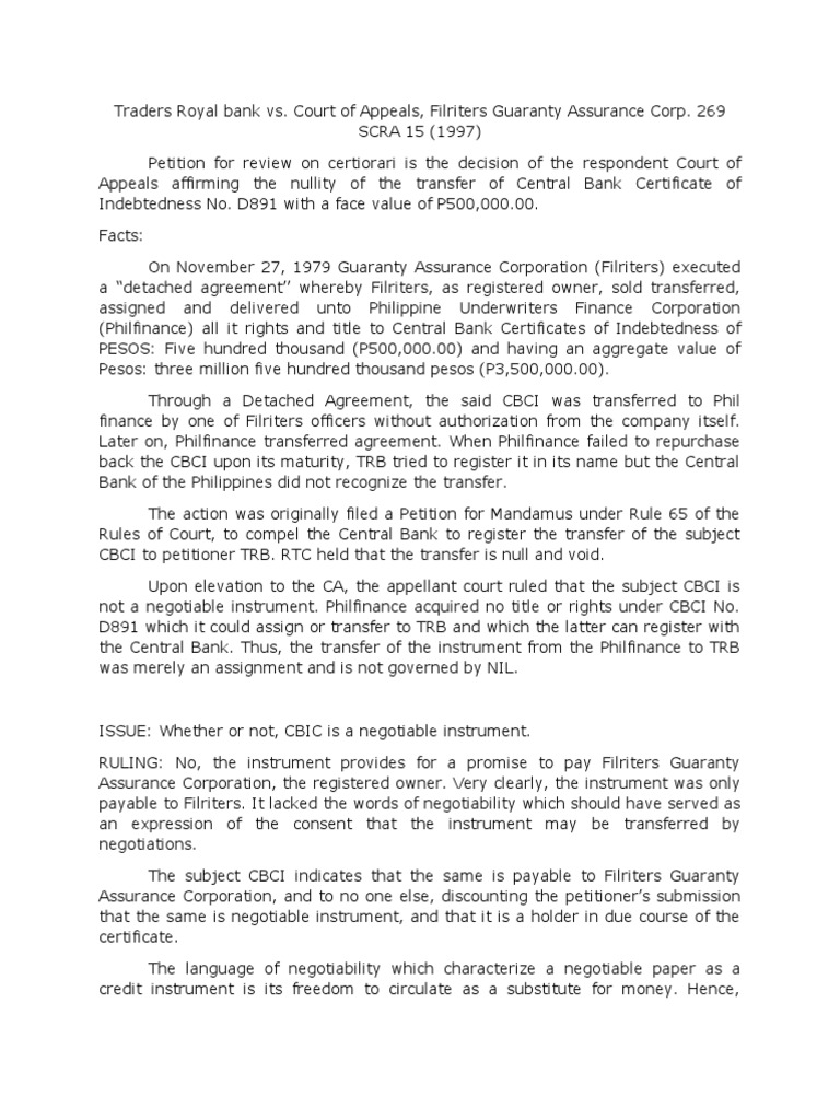 Traders Royal Bank vs. CA | PDF | Negotiable Instrument | Justice