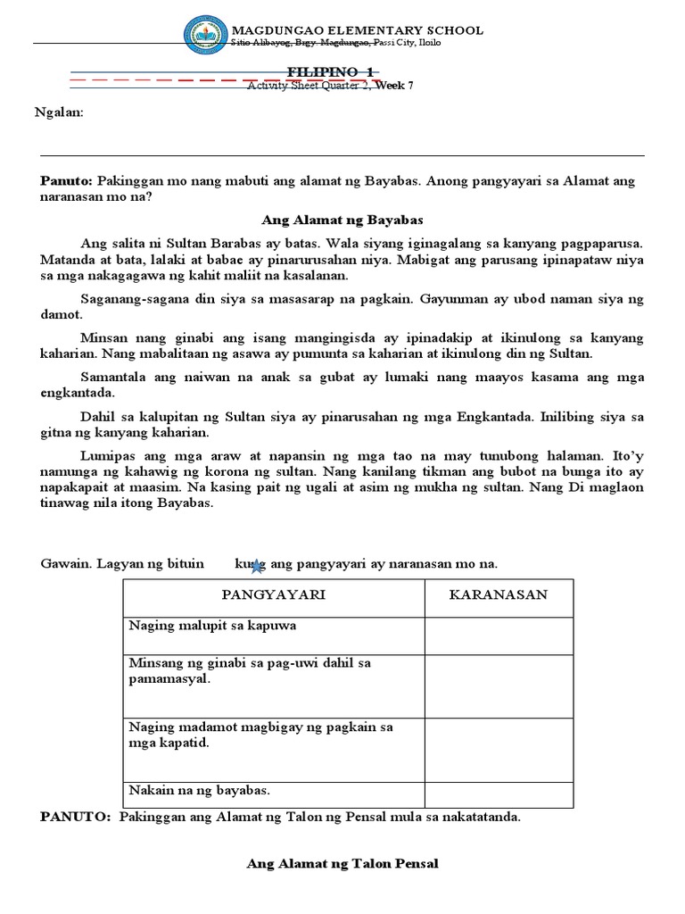 ACTIVITY SHEETS Grade 1 Week 7 Filipino | PDF